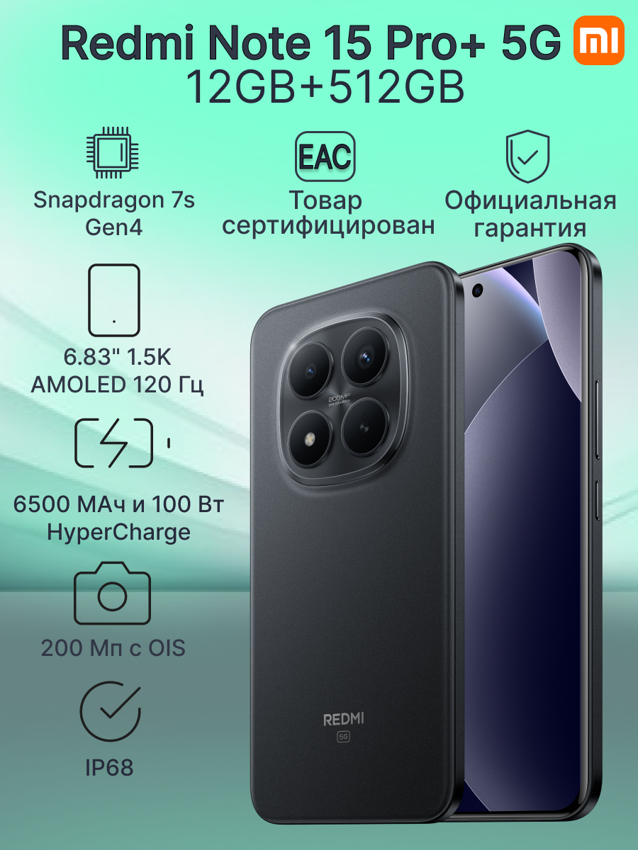 Смартфон Xiaomi Redmi Note 15 Pro+ 5G 12GB+512GB Black Ростест