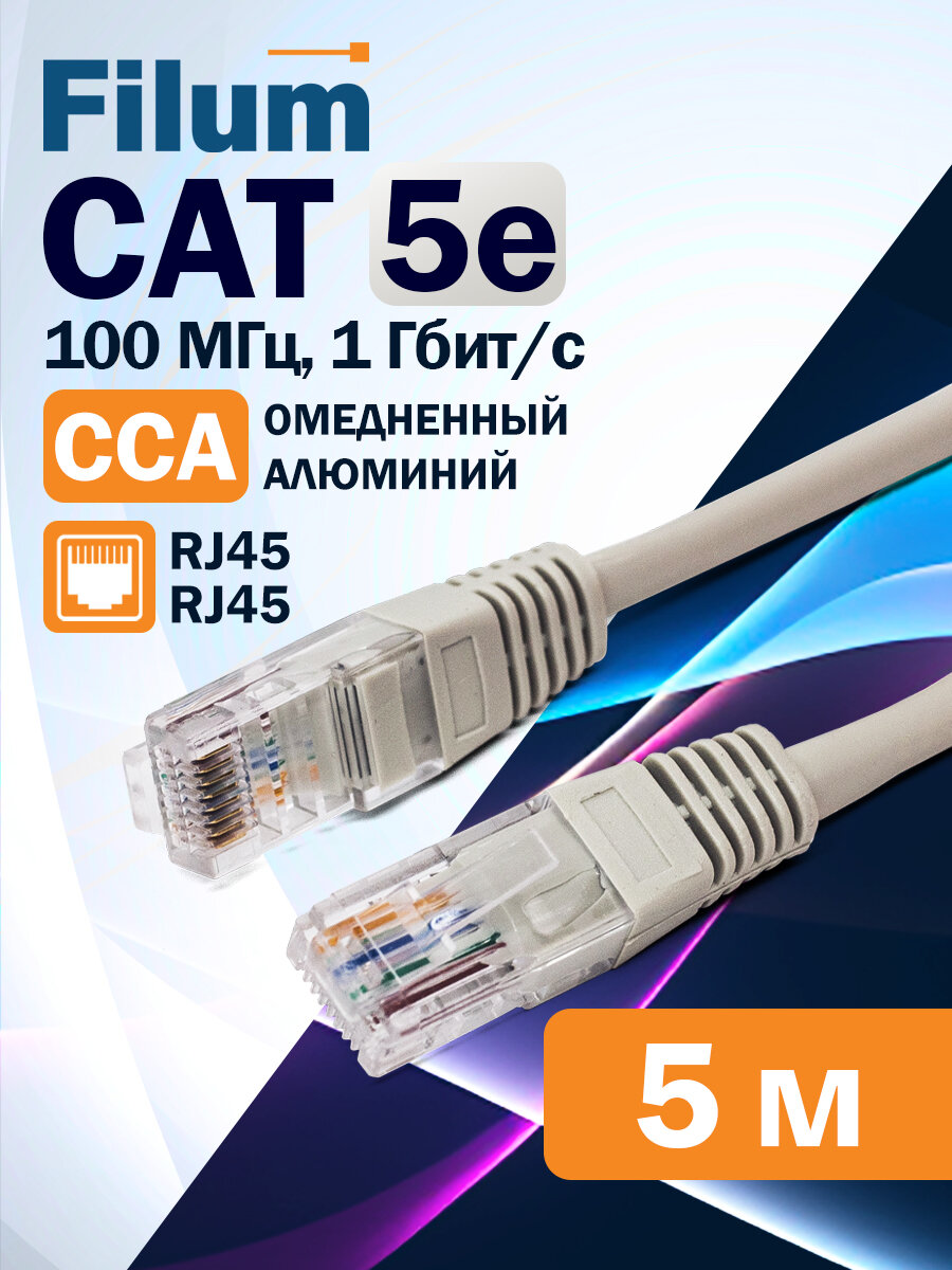 Кабель Ethernet патч-корд Filum кат. 5e 5м, серый, U/UTP, /FL-U5-5M/