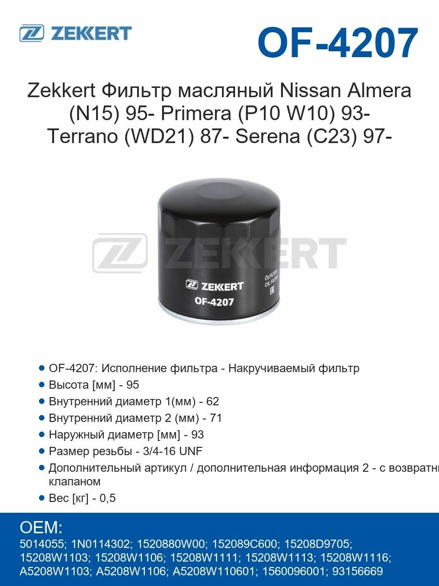 Zekkert Фильтр масляный Nissan Almera (N15) 95- Primera (P10 W10) 93- Terrano (WD21) 87- Serena (C23) 97-