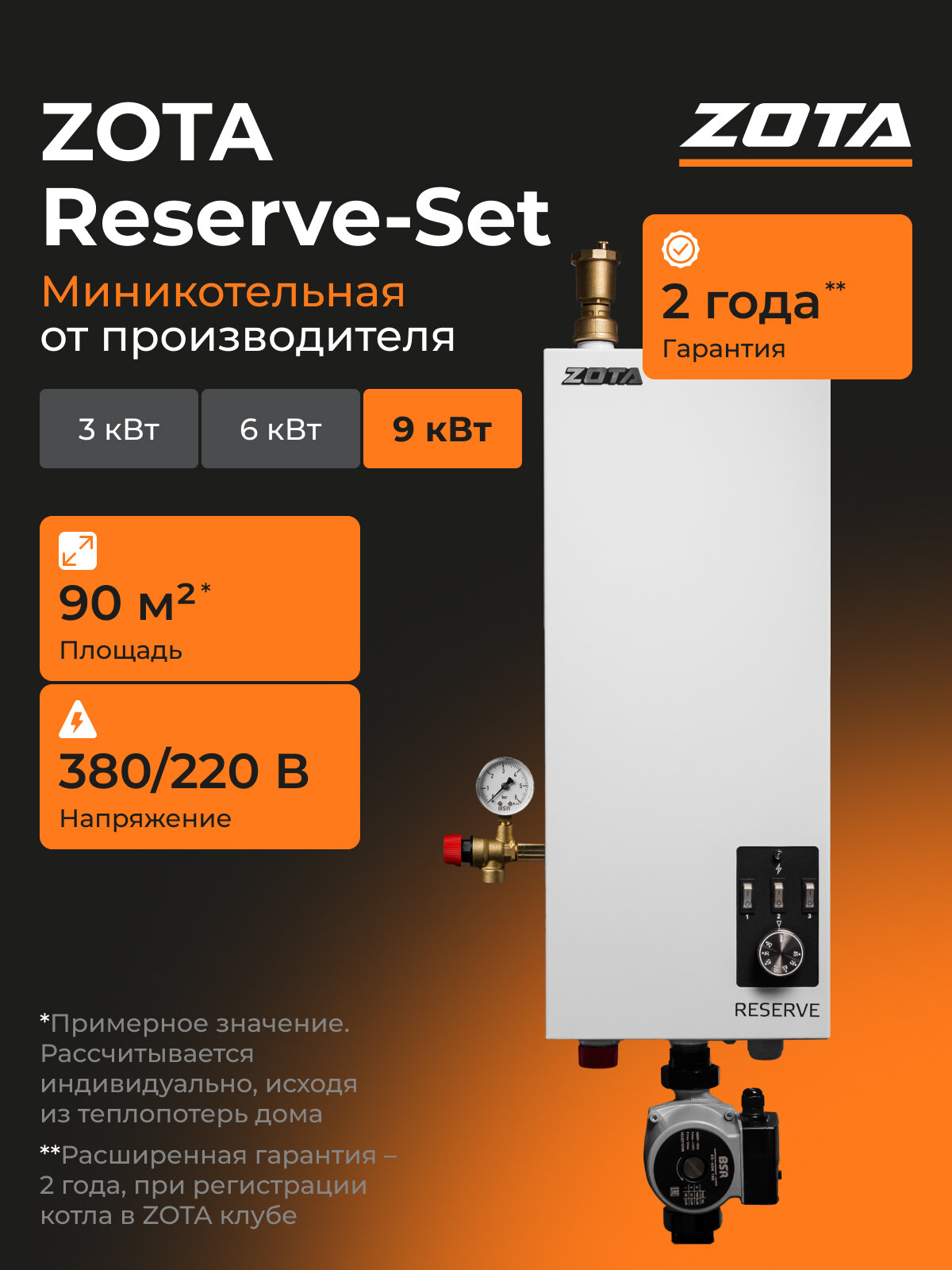 Котел электрический ZOTA Reserve-Set 9 кВт (90м2) / Одноконтурный настенный электрокотёл для отопления