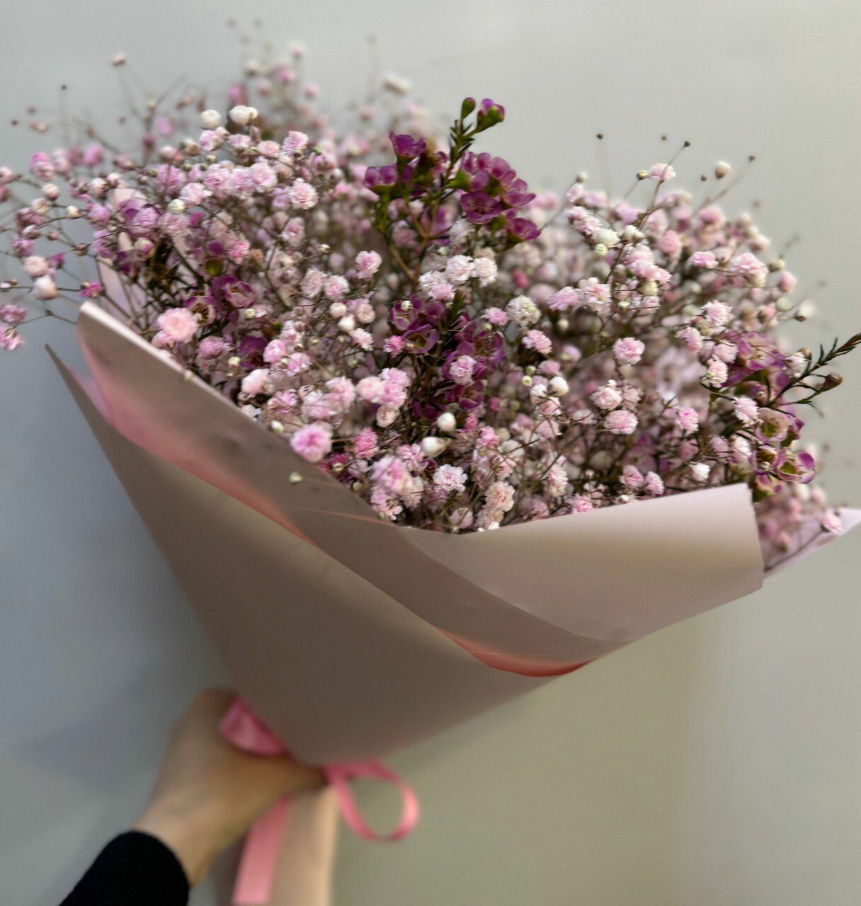 Букет из гипсофил и шамелациум в подарочной упаковке