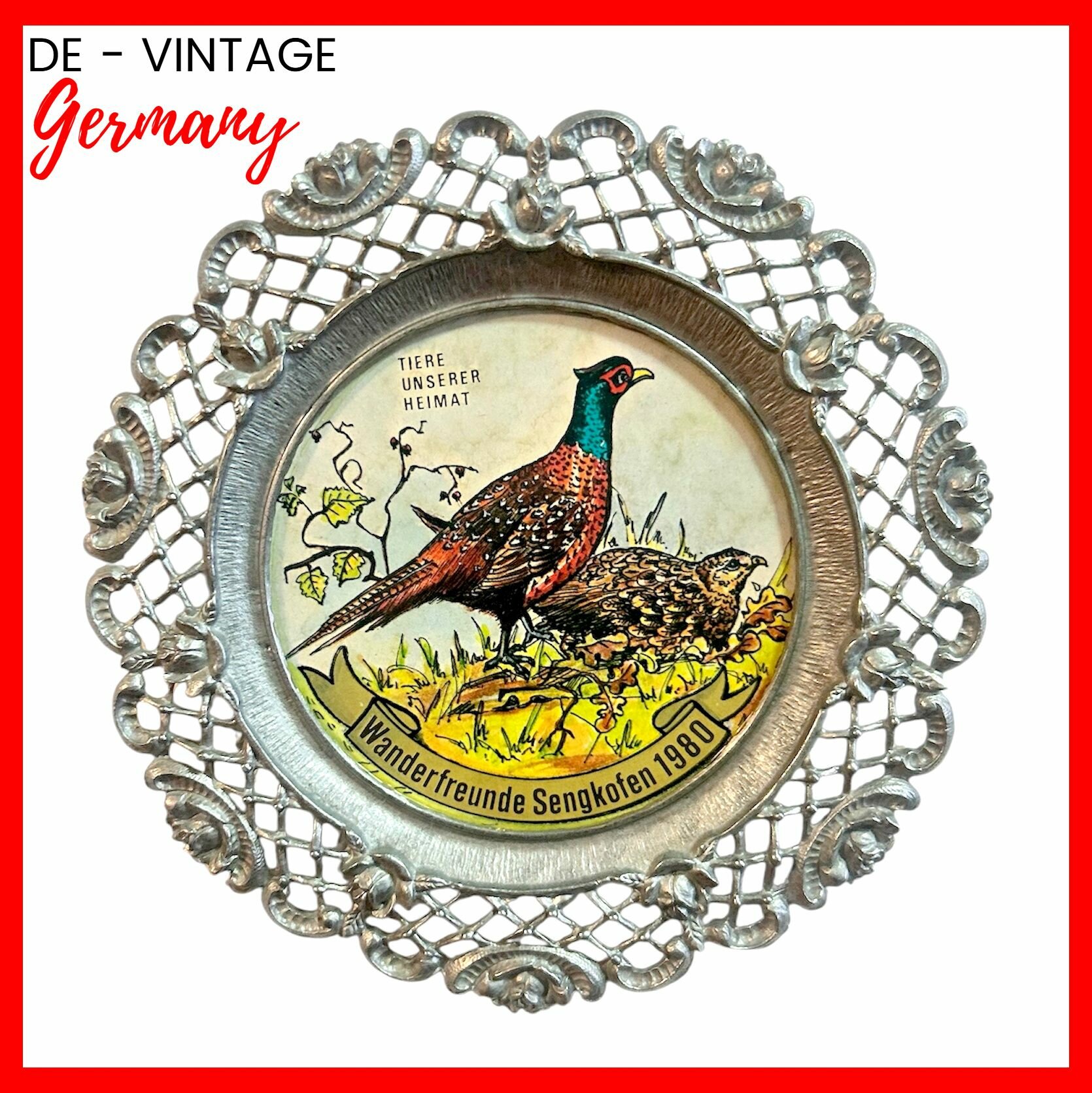 Декоративная тарелка Фазан, в раме, винтаж. Германия