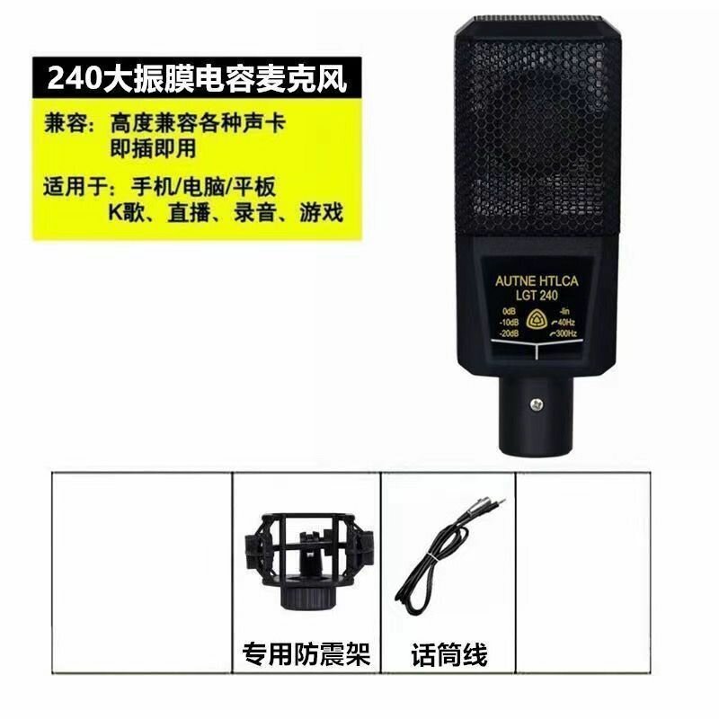 240-мм большой диафрагменный микрофон для пения в TikTok, записи, совместим с мобильными телефонами и звуковыми картами компьютеров, универсальный микрофон для прямых трансляций.