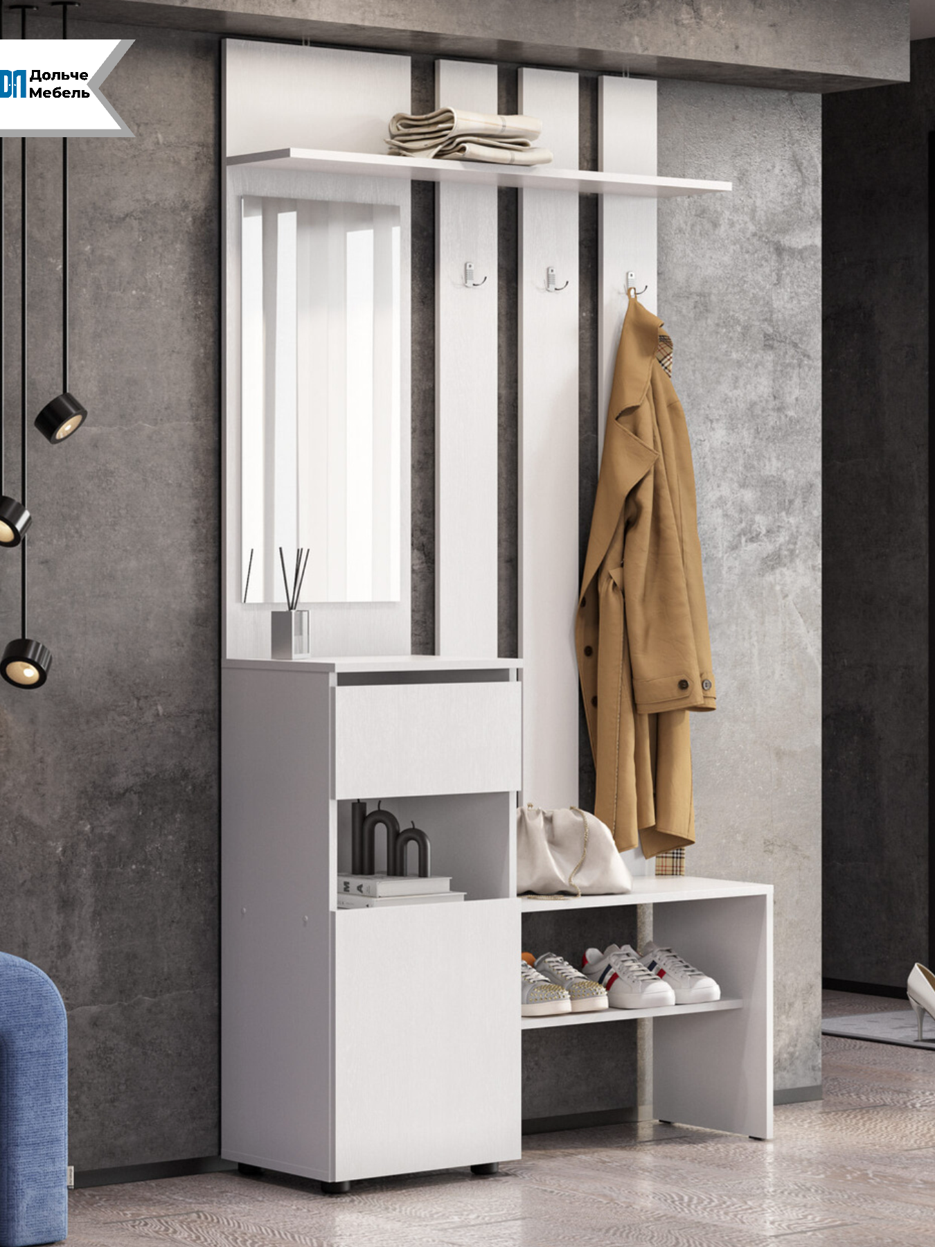 Прихожая Арника Токио 100×200×35 см, мебель в узкий коридор, вешалка с зеркалом и тумбой для обуви, цвет белый