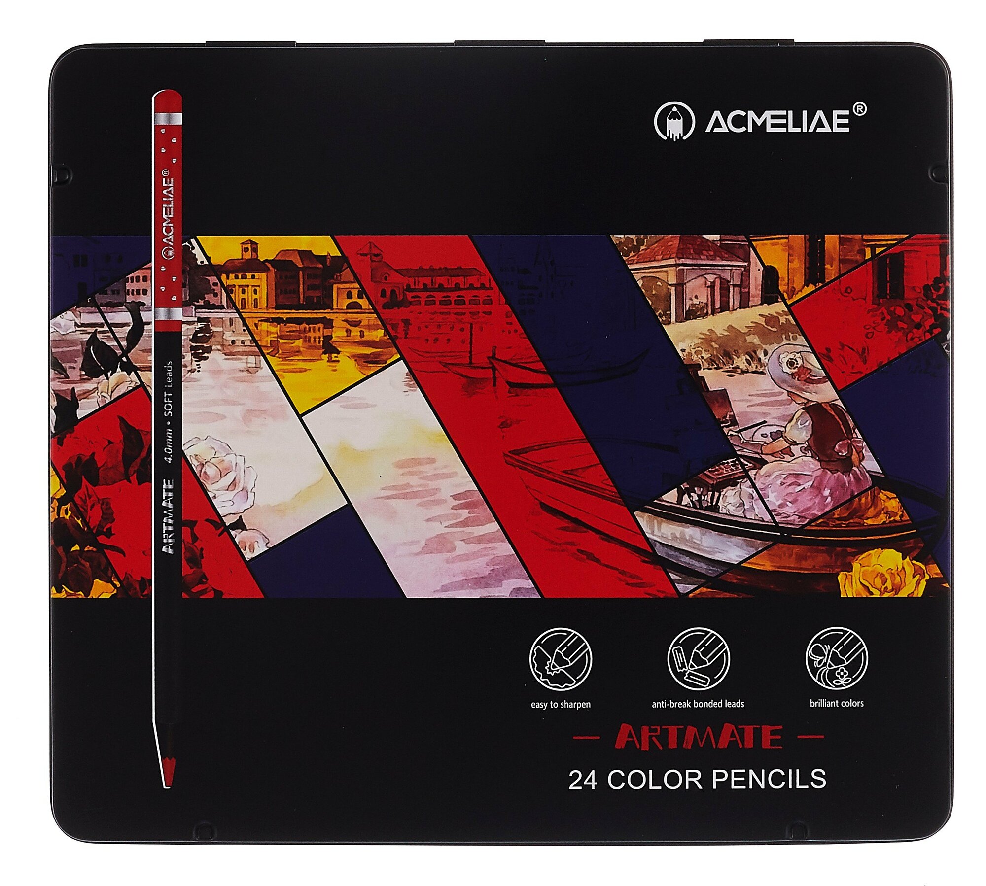 Карандаши цветные 24цв "Blackwood Artmate" мет. футляр, супермягкие, утолщ. грифель 4мм, ACMELIAE