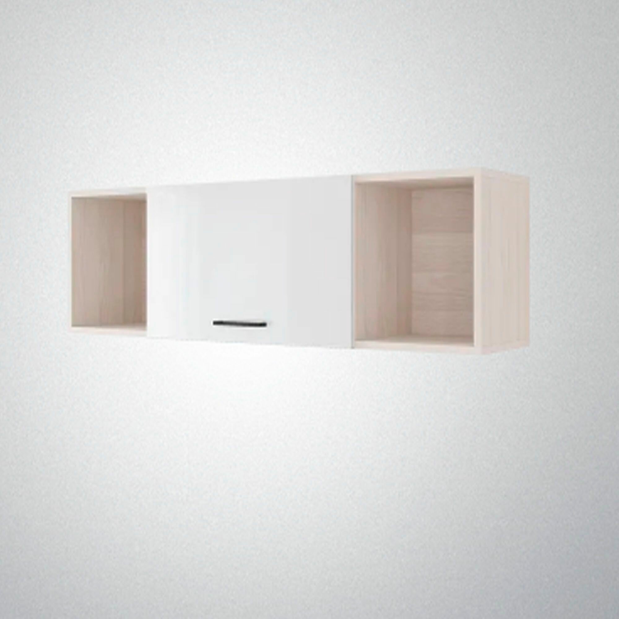 Полка Ненси 1200, цвет Ясень шимо светлый/Белый глянец ширина 120 см, навесная настенная с открытыми и закрытыми полками, для спальни или прихожей