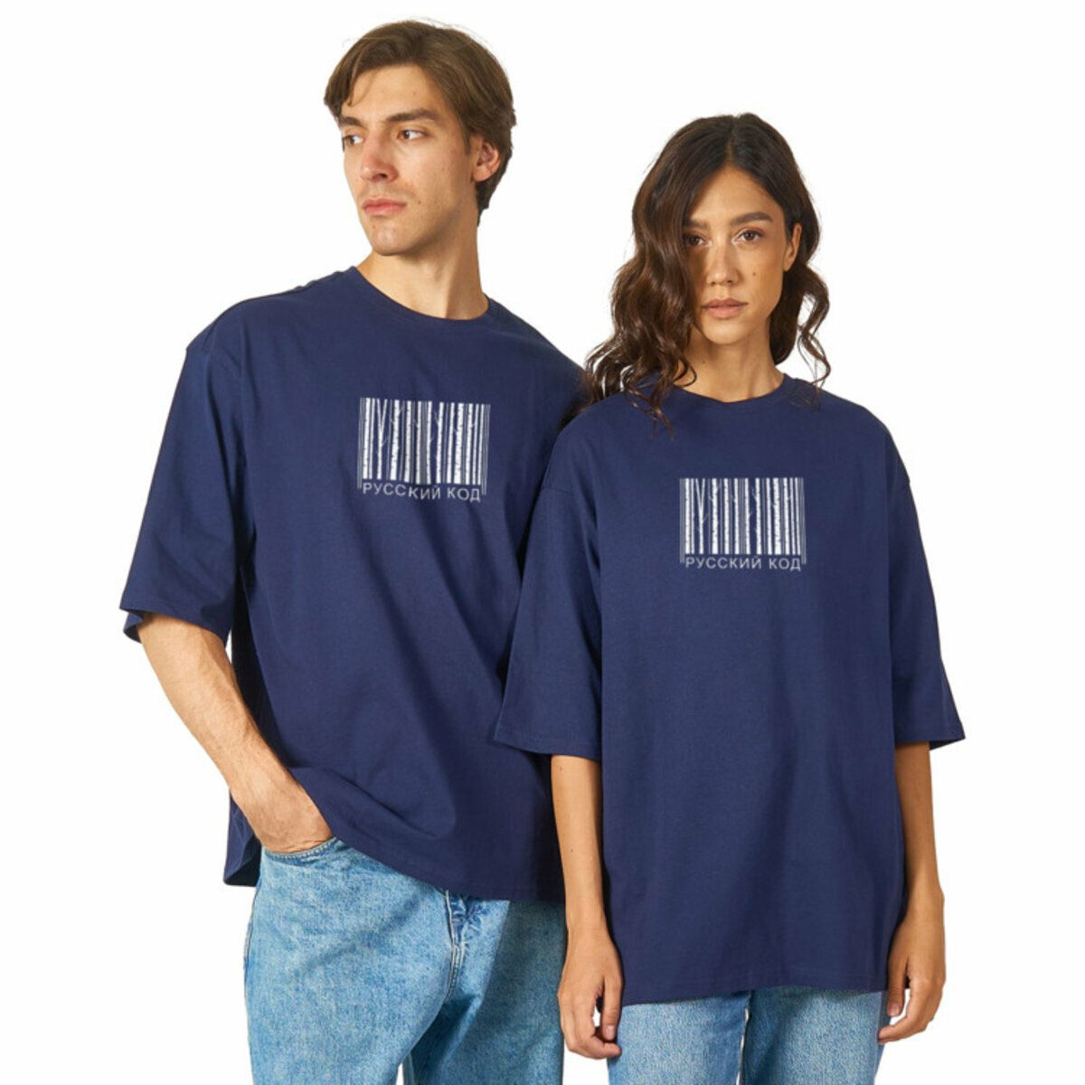 Футболка темно-синяя оверсайз «Русский код патриотическая в русском стиле березки»
