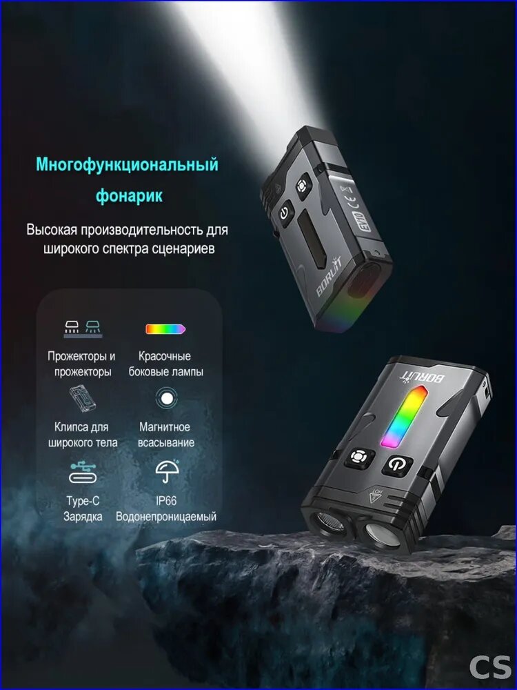 Фонарь ручной BORUIT с RGB подсветкой, 1100 люмен, IP66, черный, USB-зарядка, для поисково-розыскных работ — фото 1