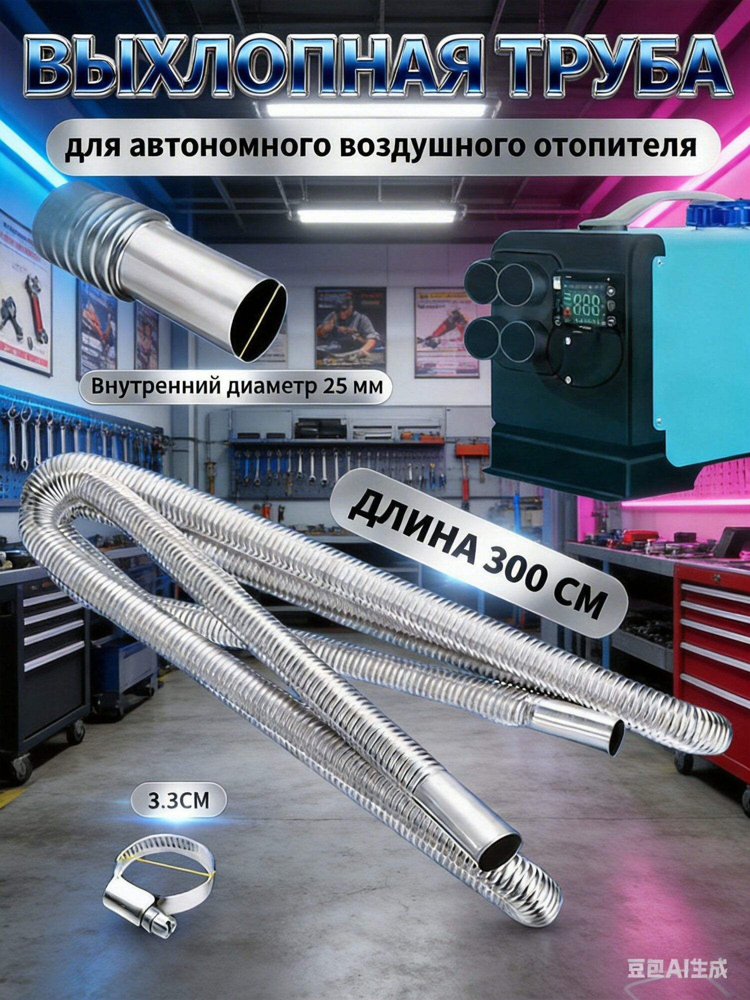 Выхлопная труба 300 см, диаметр 25 мм для дизельного автономного отопителя Webasto и Planar — гибкая гофра глушителя с хомутами для китайских автономок