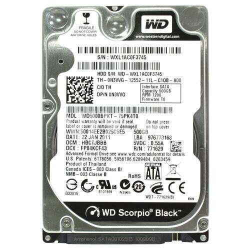Внутренний жесткий диск HDD WD BLACK 500 GB 2.5' WD5000BPKT SATA-II 7200rpm