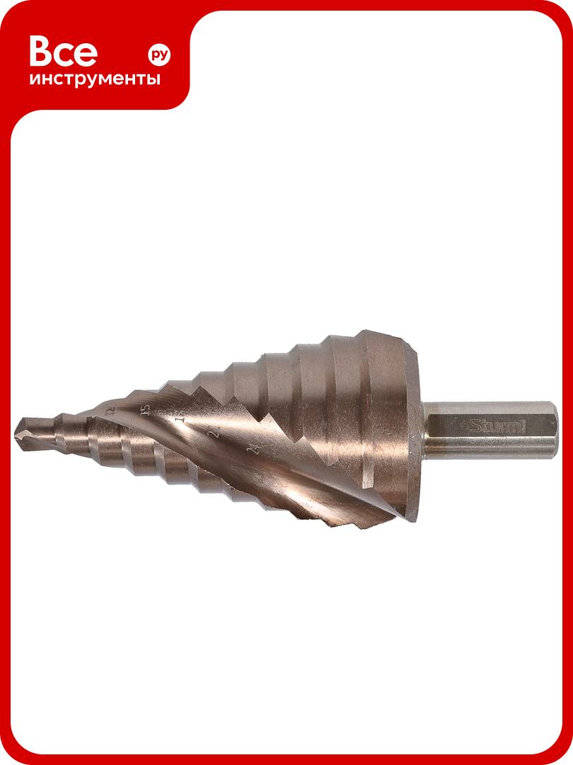 Сверло ступенчатое по металлу Sturm 6-36мм шаг 3мм Р6М5+COBALT спираль 1055-S636K