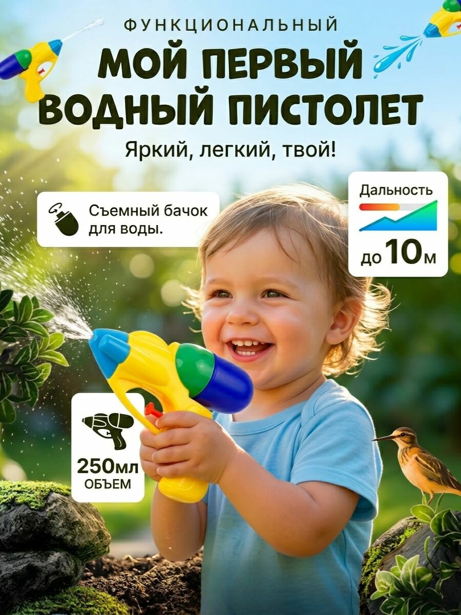 Водный пистолет для детей маленький со съемным бачком, водное оружие для малышей в ванную и на пляж, игрушка брызгалка 13 см