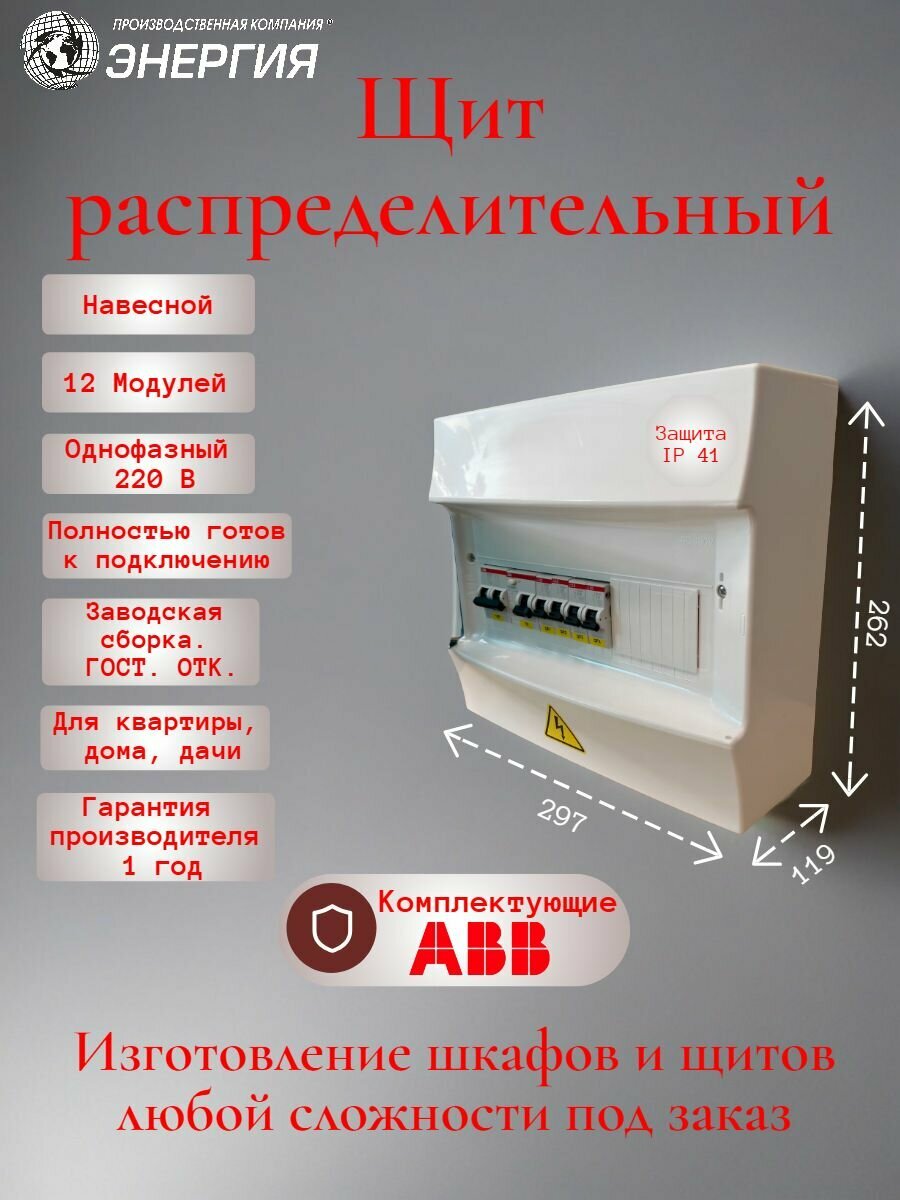 ABB Щит распределительный в сборе, 12 модулей, 1-фазный, 220В, навесной, готов к подключению