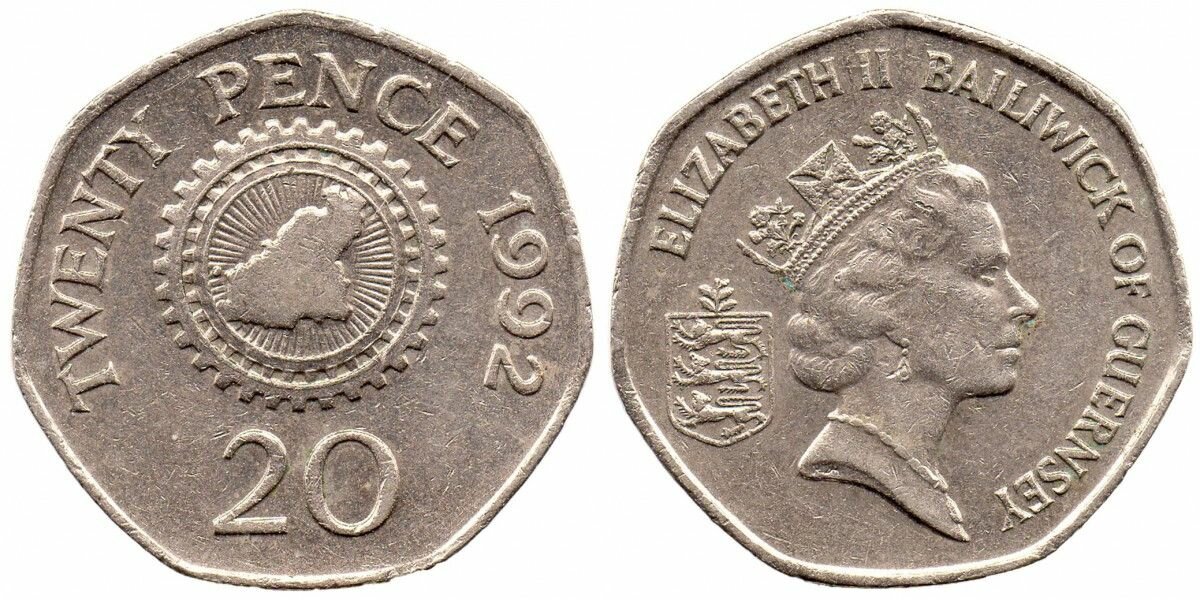 Гернси 20 пенсов, 1985 - 1997 Карта XF
