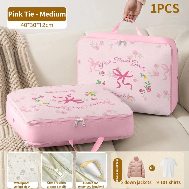 Розовый компрессионный мешок для одежды Pink Flower Garden, 40*30*12см