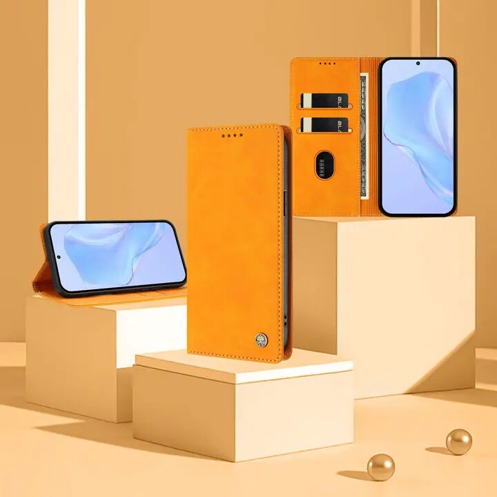 Чехол-флип RFID из кожи с магнитной застежкой для OnePlus 15R, 15T, 15 ОнПлюс 13с, Оранжевый, Yellow