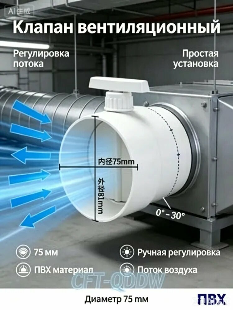 Клапан регулировки воздуха 75 мм ПВХ ручной вентиляционный клапан бабочка для воздуховода вытяжки и приточной вентиляции прочный пластиковый
