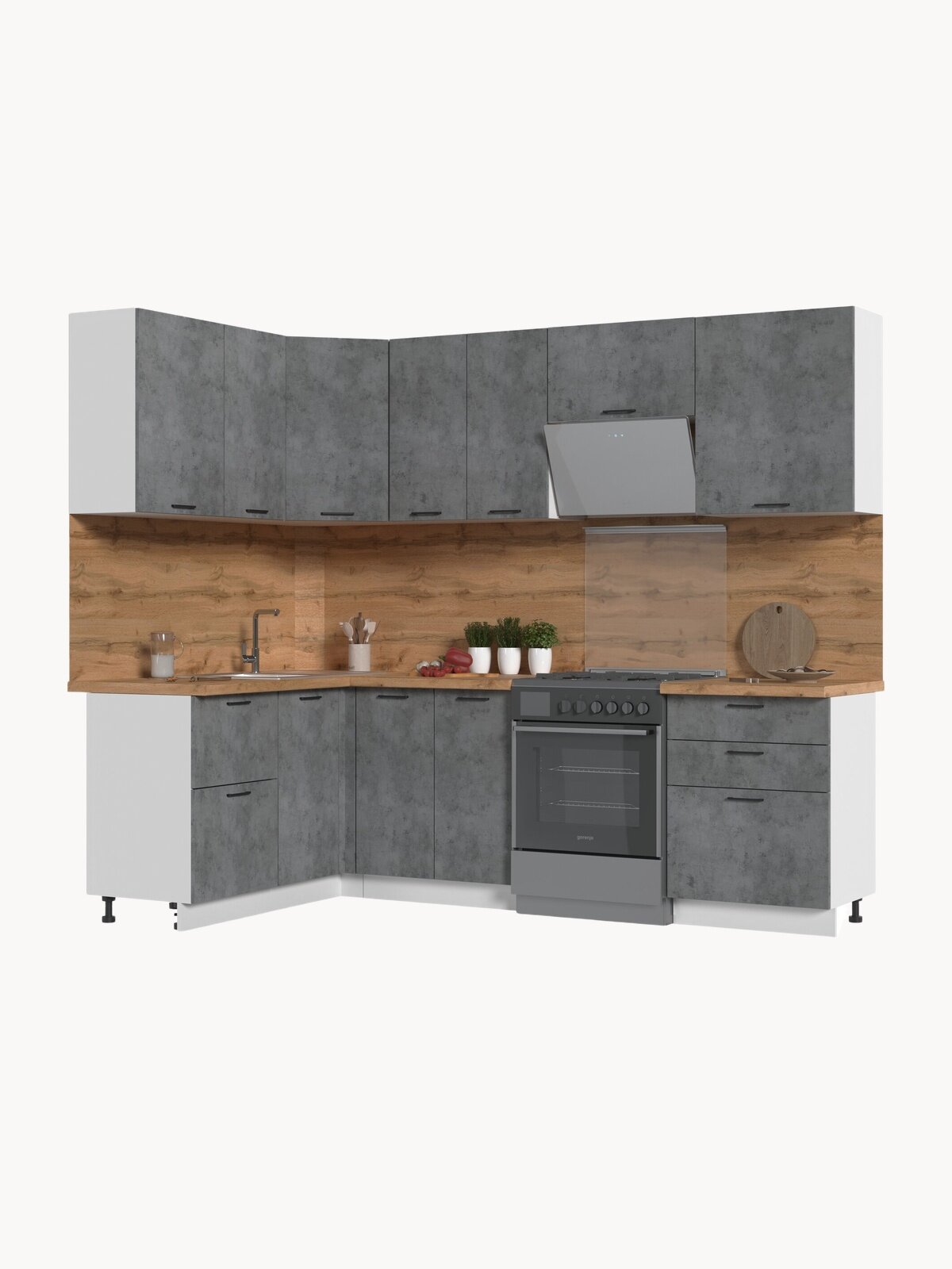 Кухонный гарнитур угловой, столешница Вотан 26мм, Кухня Венера 150х250см Белый/Бетон