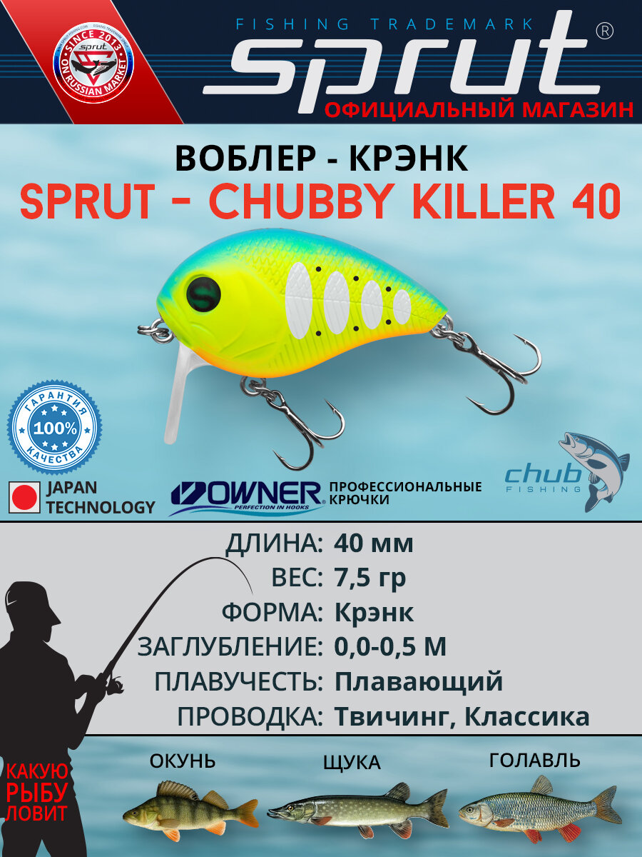 Воблер Sprut Chubby Killer Floating/40mm/7,5g/0,0-0,5/LBTR1