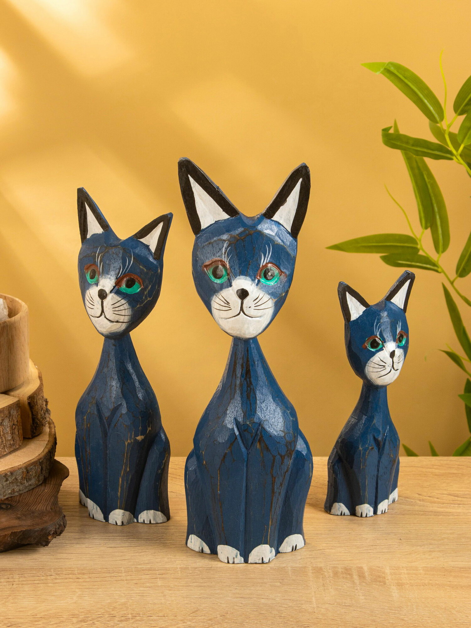 Сувенир интерьерный "Кошачья семья", набор 3 шт, h=30 см, h=25 см, h=20 см, дерево, синий