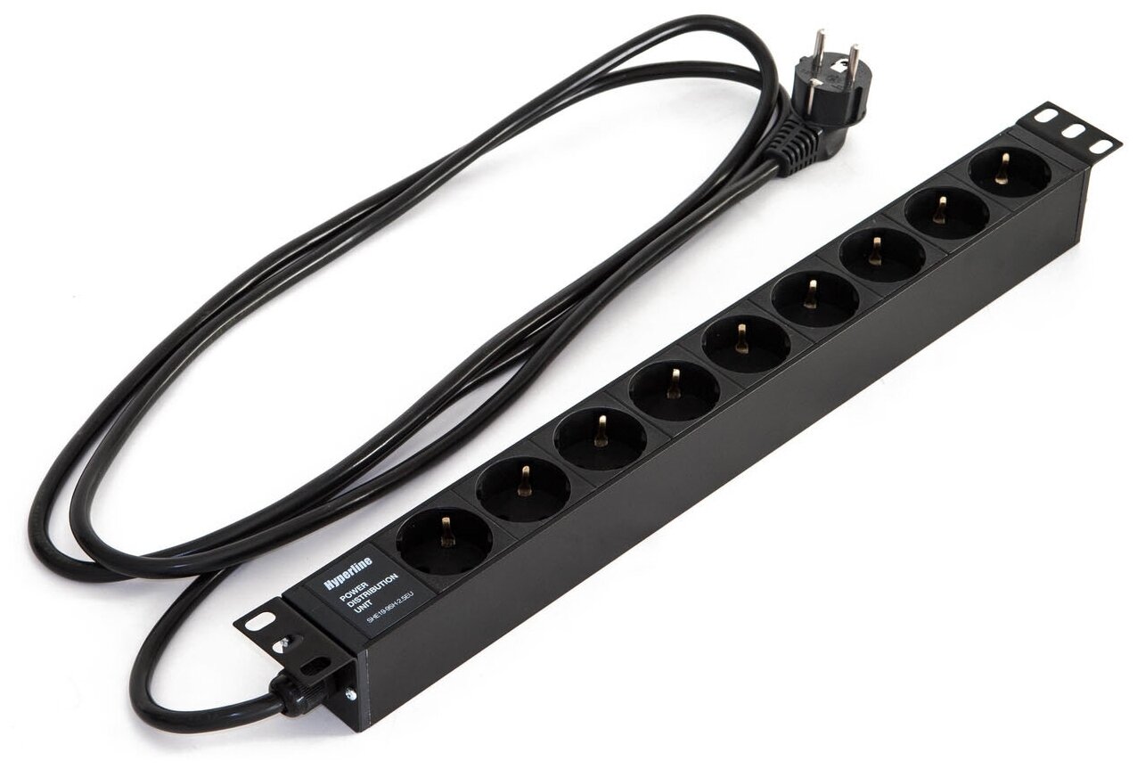 Hyperline Блок розеток для 19" шкафов, горизонт, 9 розеток Schuko, кабель питания 2.5м