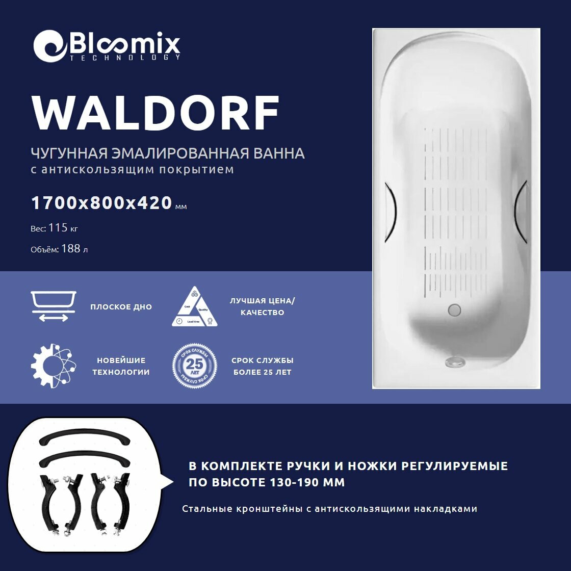 Ванна чугунная Bloomix Waldorf 170x80 BLW178042-H-ANS с ручками и антискользящим покрытием
