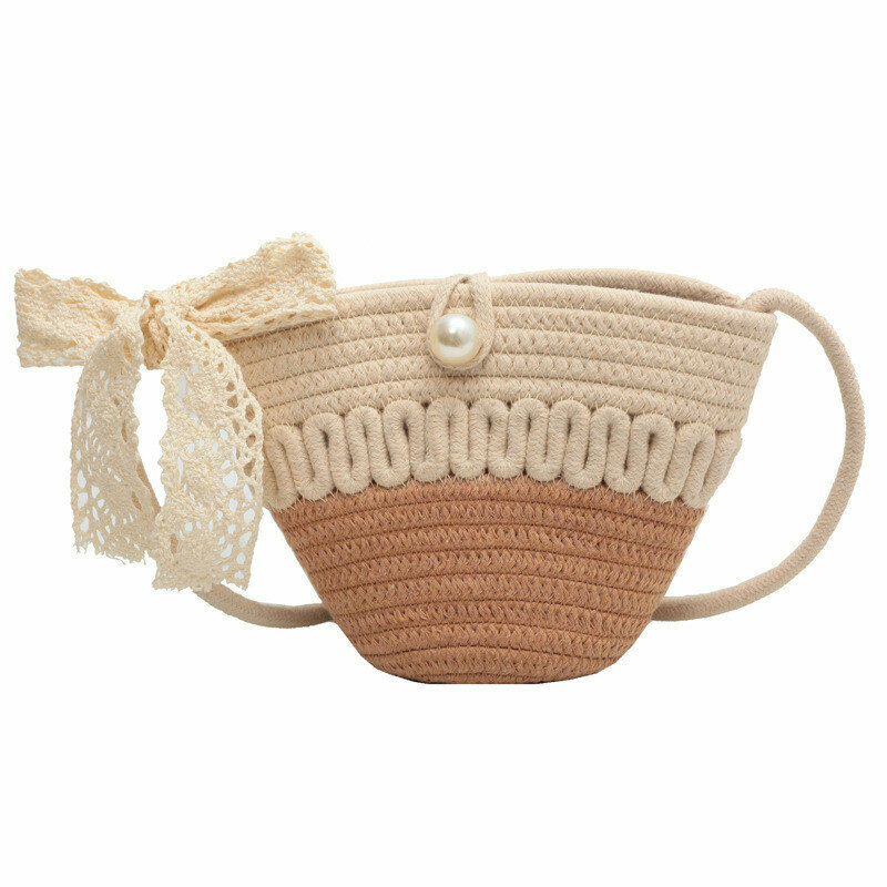 Сумка через плечо для девочки- малышка ручной работы из плетеной ткани для ежедневного использования и поездок на пляж бело-хаки