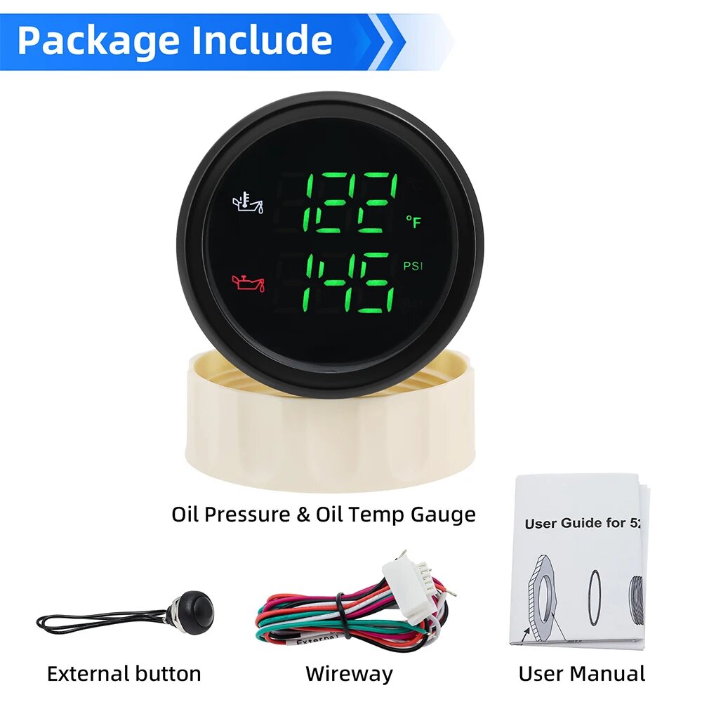 52 мм 2 в 1 цифровой измеритель температуры масла + манометр масла 50 ~ 150 градусов Green LED