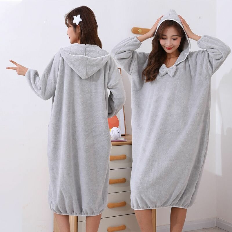 Женский длинный флисовый халат с капюшоном (махровый, зимний, домашний, универсальный размер)Серый с длинным рукавом