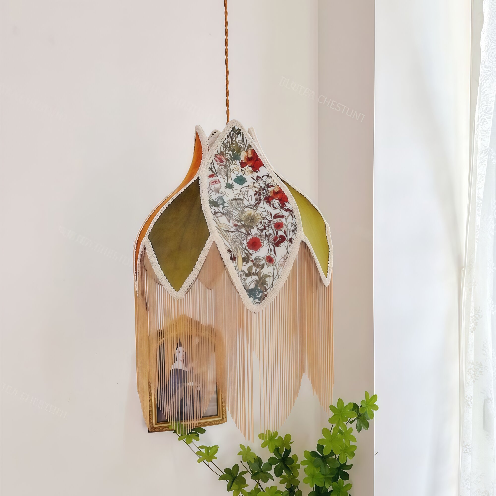 Люстра Clear Lighting, E27, с кисточками, ручная вышивка, 2 цвета, зеленый/красный, D30-33 см