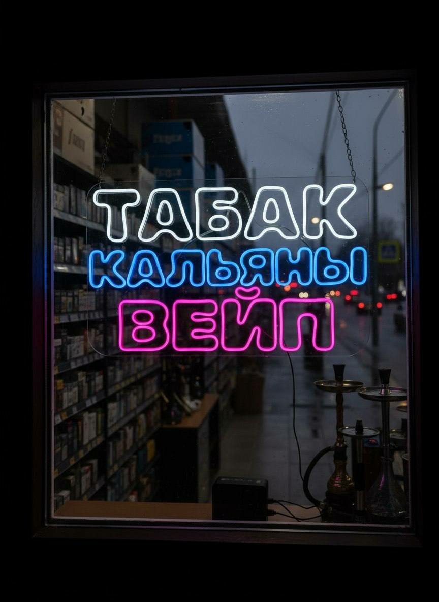 Неоновая вывеска Табак, кальян, вейп / Размеры: 550х350 мм