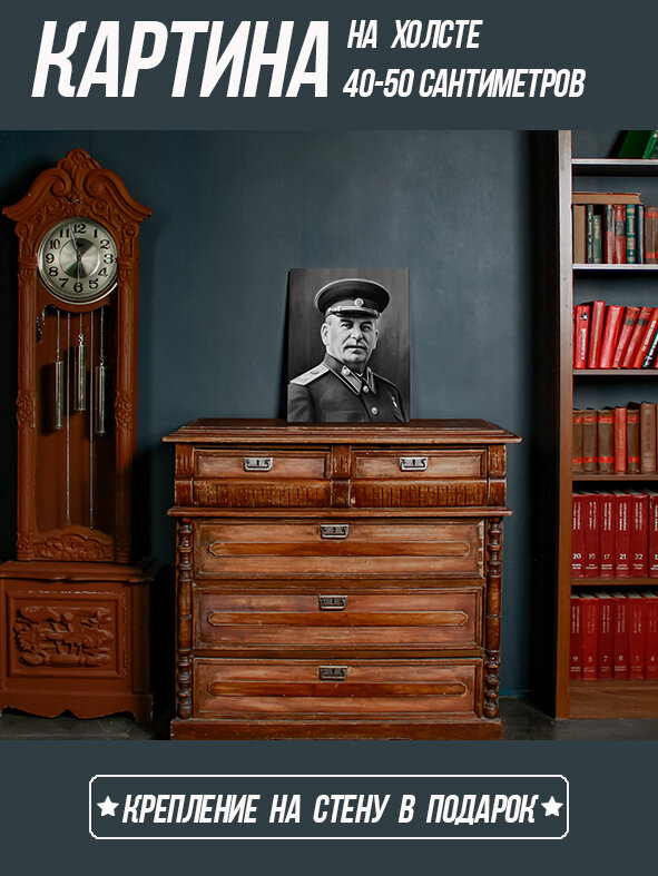 Портрет на холсте Иосиф Виссарионович Сталин в фуражке черно-белый 40х50 см