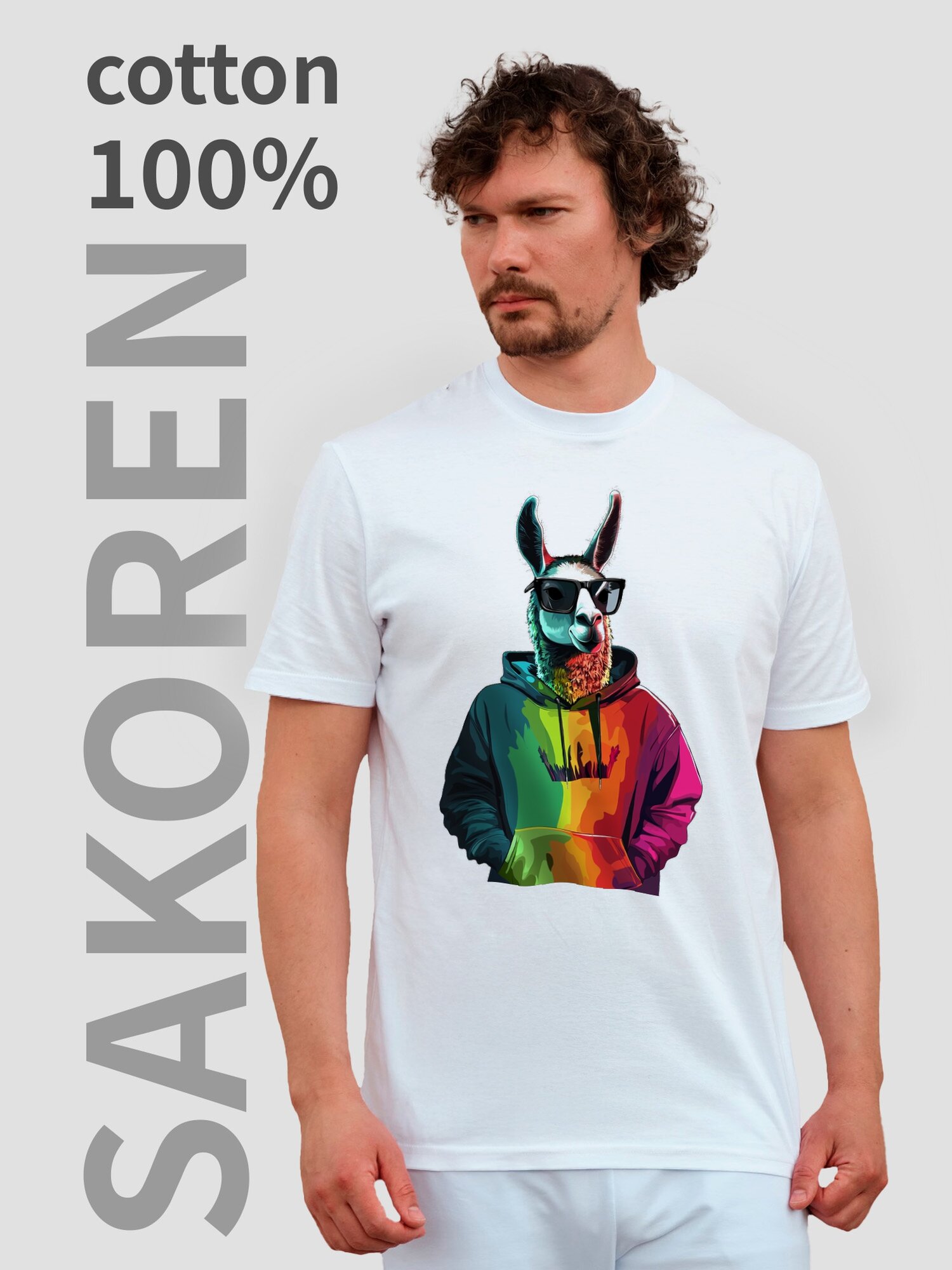 Футболка классическая мужская с авторским принтом Лама крутая, радужная в черных очках с мемами в многоцветном худи, белый хлопковый трикотаж с прикольным рисунком на груди