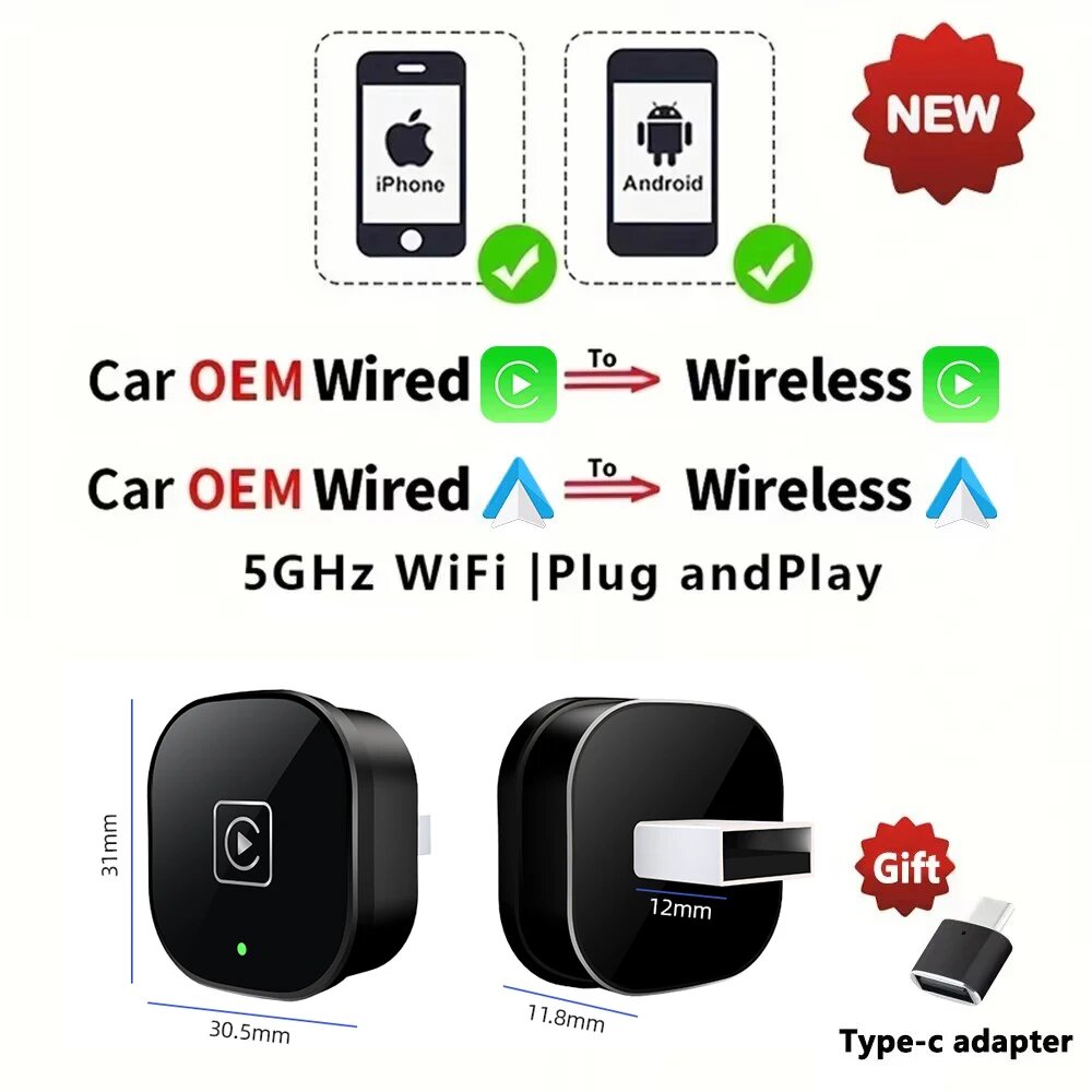 Беспроводной адаптер CarPlay 2 в 1, беспроводной Android Auto Dongle для проводов OEM автомобилей CarPlay, автомобильный радиоприемник Plug and Play, Bluetooth, EC14-MZ