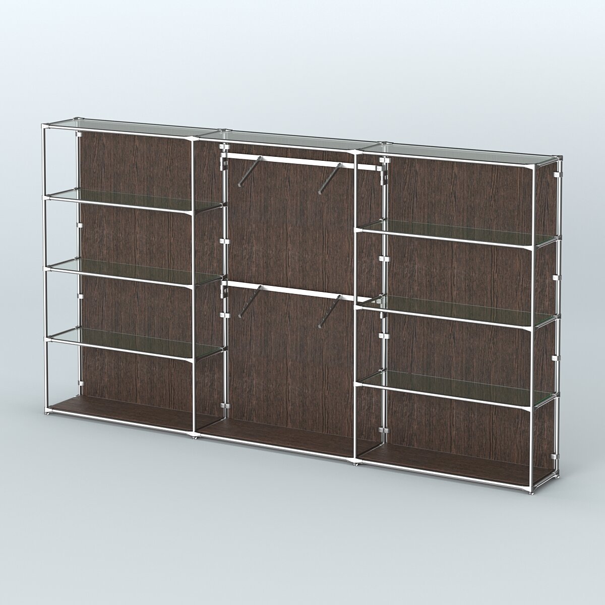 Торговая система хром (задняя стенка - ДСП) 3600 мм с прозрачными полками и поручнями №6, Дуб Венге
