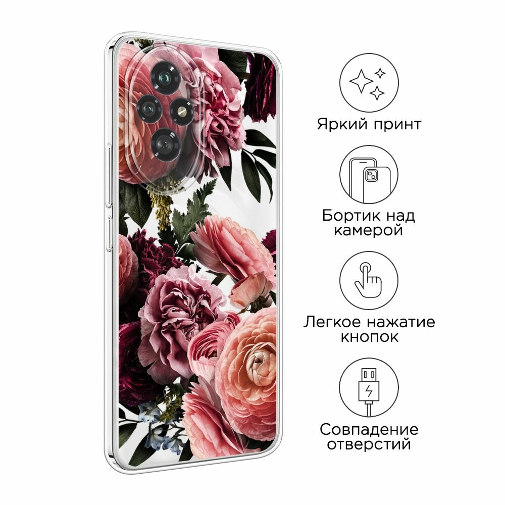 Чехол на Honor 200 / Хонор 200 с принтом "Бордовые винтажные цветы", прозрачный — фото 1