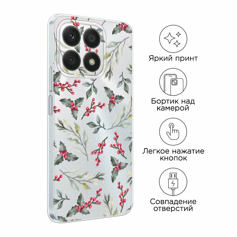 Чехол на Honor X8A / Хонор X8A с принтом Зимние ягоды паттерн, прозрачный — фото 1
