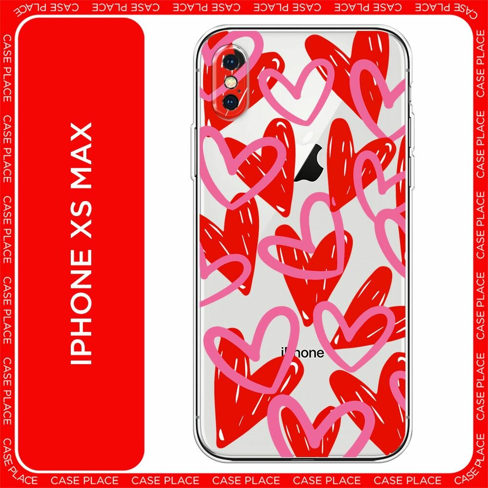 Чехол на Apple iPhone XS Max / Айфон XS Max с принтом "Hearts doodles - 14 февраля", прозрачный