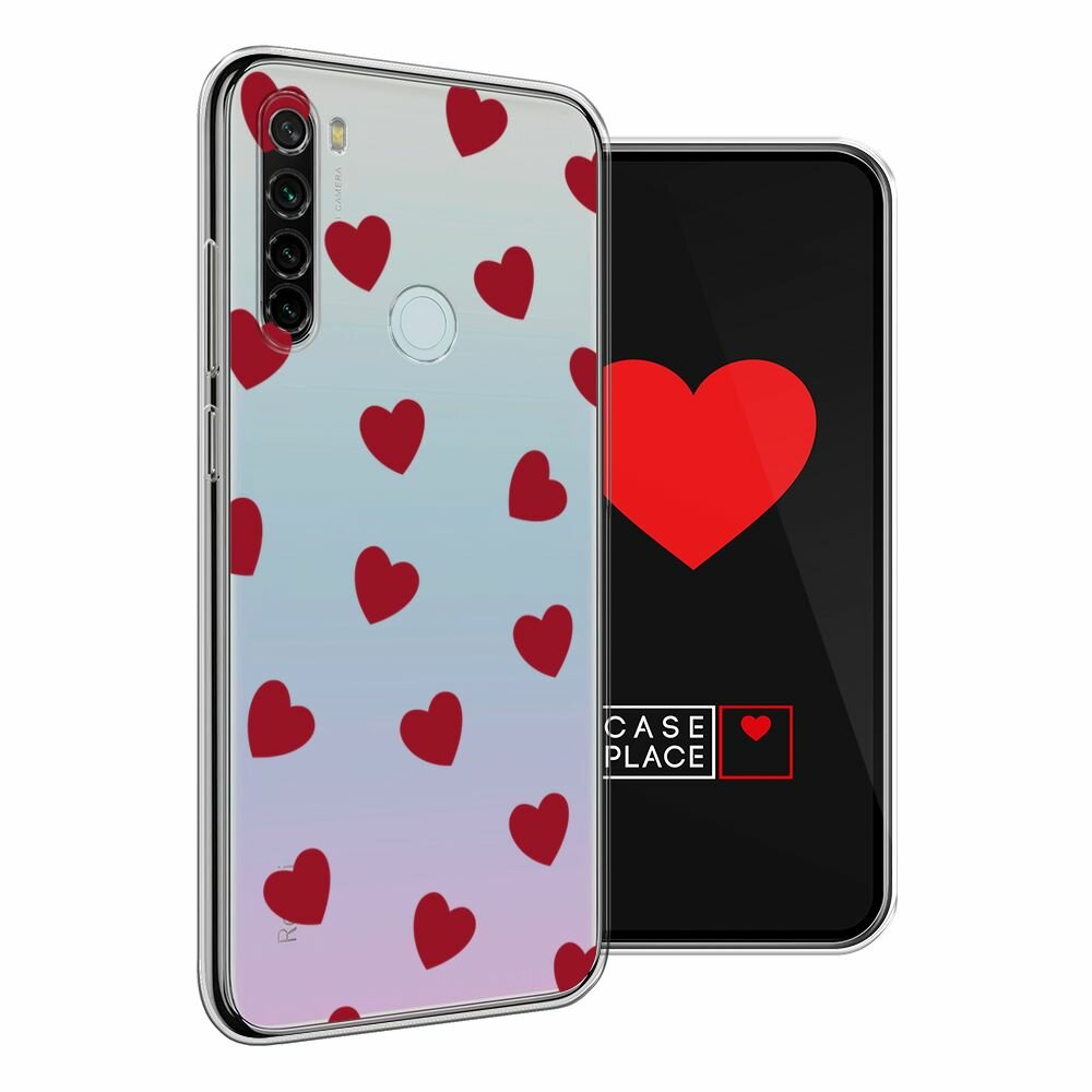 Чехол на Xiaomi Redmi Note 8T / Сяоми Редми Нот 8Т с принтом "Бордовые сердечки паттерн - 14 февраля", прозрачный — фото 1