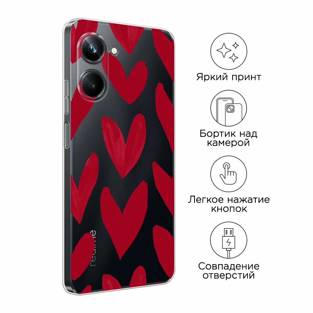 Чехол на Realme 10 Pro / Реалми 10 Про с принтом "Красные сердечки рисунок - 14 февраля", прозрачный — фото 1