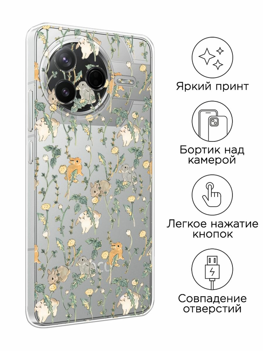 Чехол на Poco F7 Pro / Поко F7 Про с принтом "Кролики в одуванчиках", прозрачный — фото 1