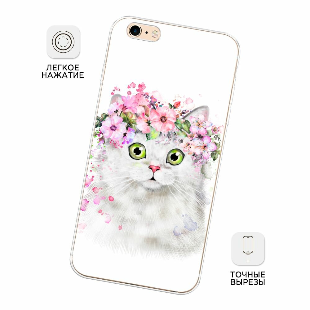 Чехол на Apple iPhone 6 Plus/6S Plus / Айфон 6 Плюс/Айфон 6С Плюс с принтом Белая кошка с цветами — фото 1