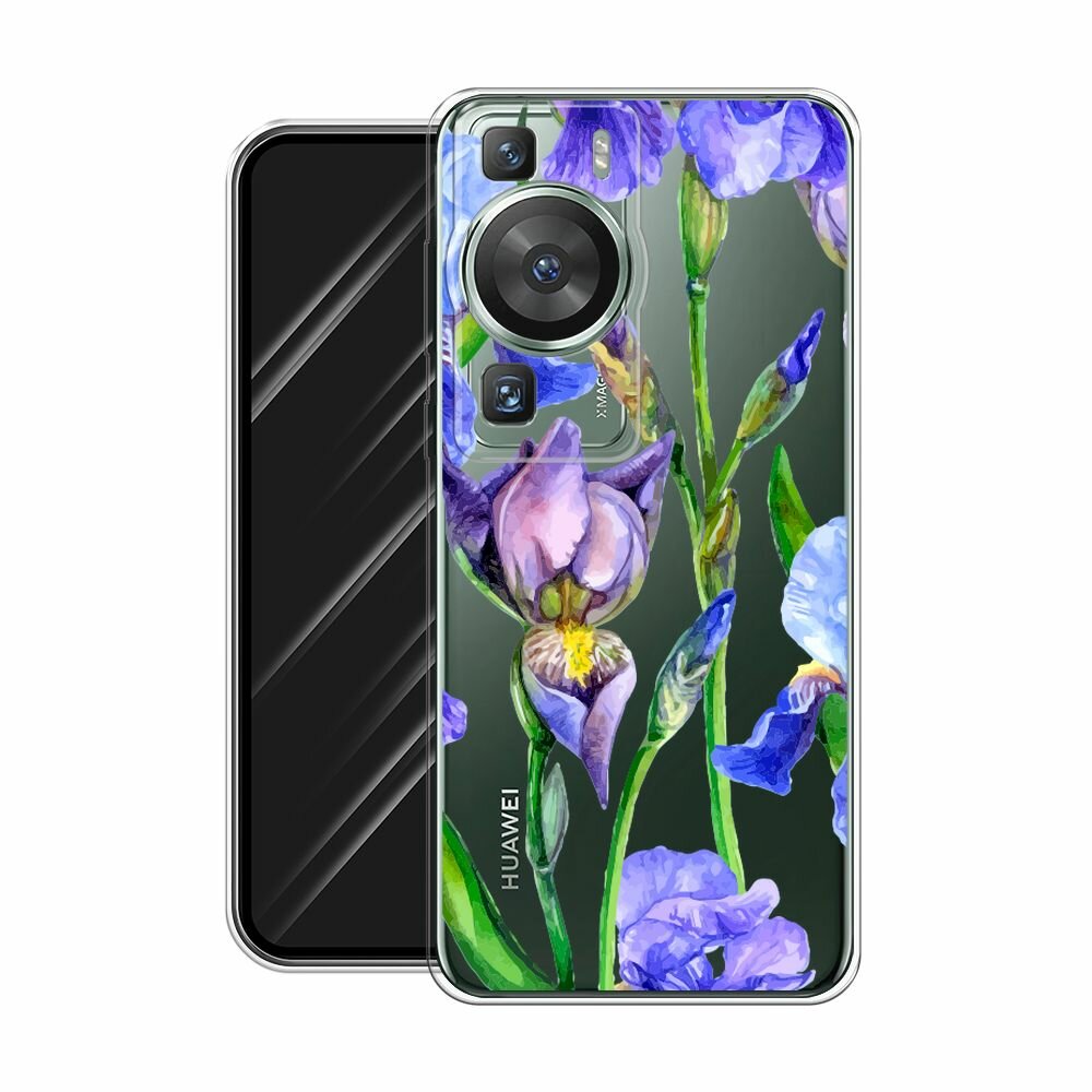 Чехол на Huawei P60/P60 Pro / Хуавей P60/P60 Про с принтом "Синие ирисы", прозрачный — фото 1