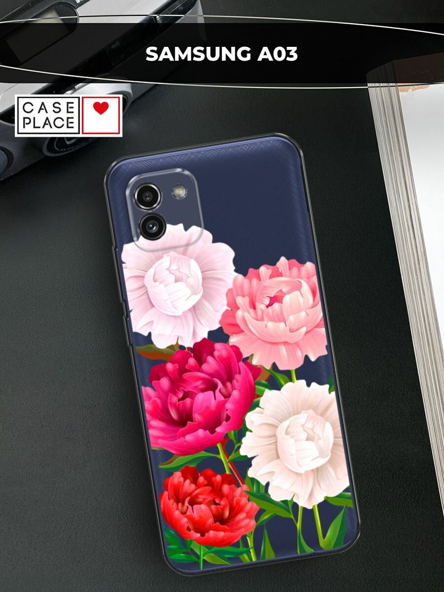 Чехол на Samsung Galaxy A03 / Самсунг Галакси А03 с принтом "Большие пионы", прозрачный