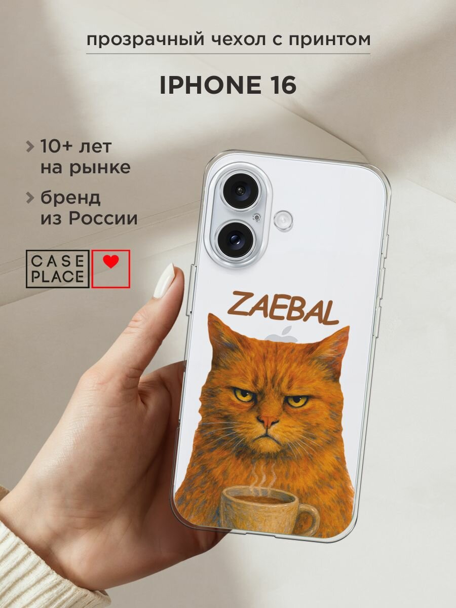 Чехол на Apple iPhone 16 / Айфон 16 с принтом "Рыжий кот с надписью", прозрачный