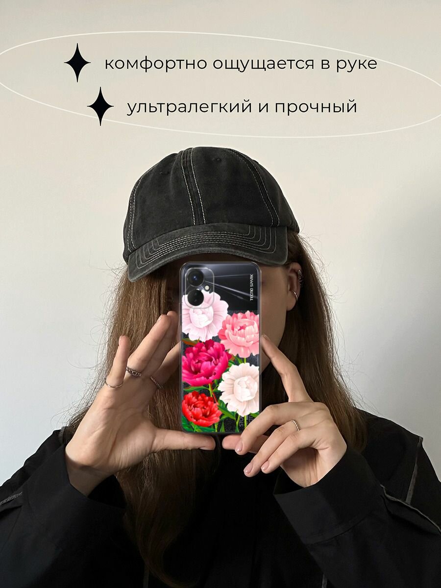Чехол на Tecno Spark 9 Pro / Техно Спарк 9 Про с принтом "Большие пионы", прозрачный — фото 1