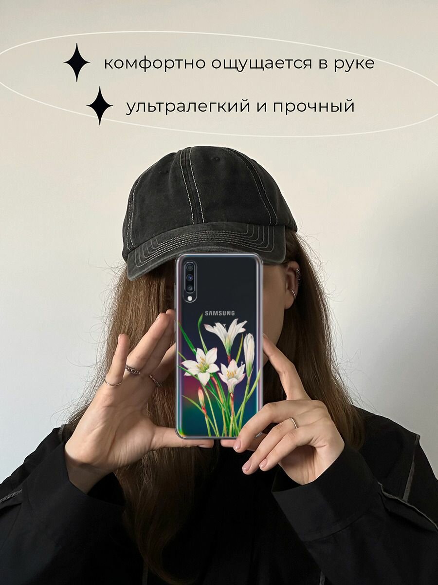 Чехол на Samsung Galaxy A70 / Самсунг Галакси А70 с принтом "White lily", прозрачный — фото 1