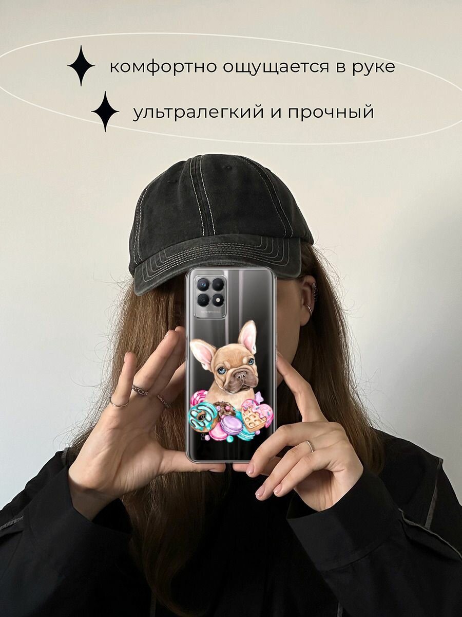 Чехол на Realme 8i / Реалми 8i с принтом "Бульдог и сладости", прозрачный — фото 1