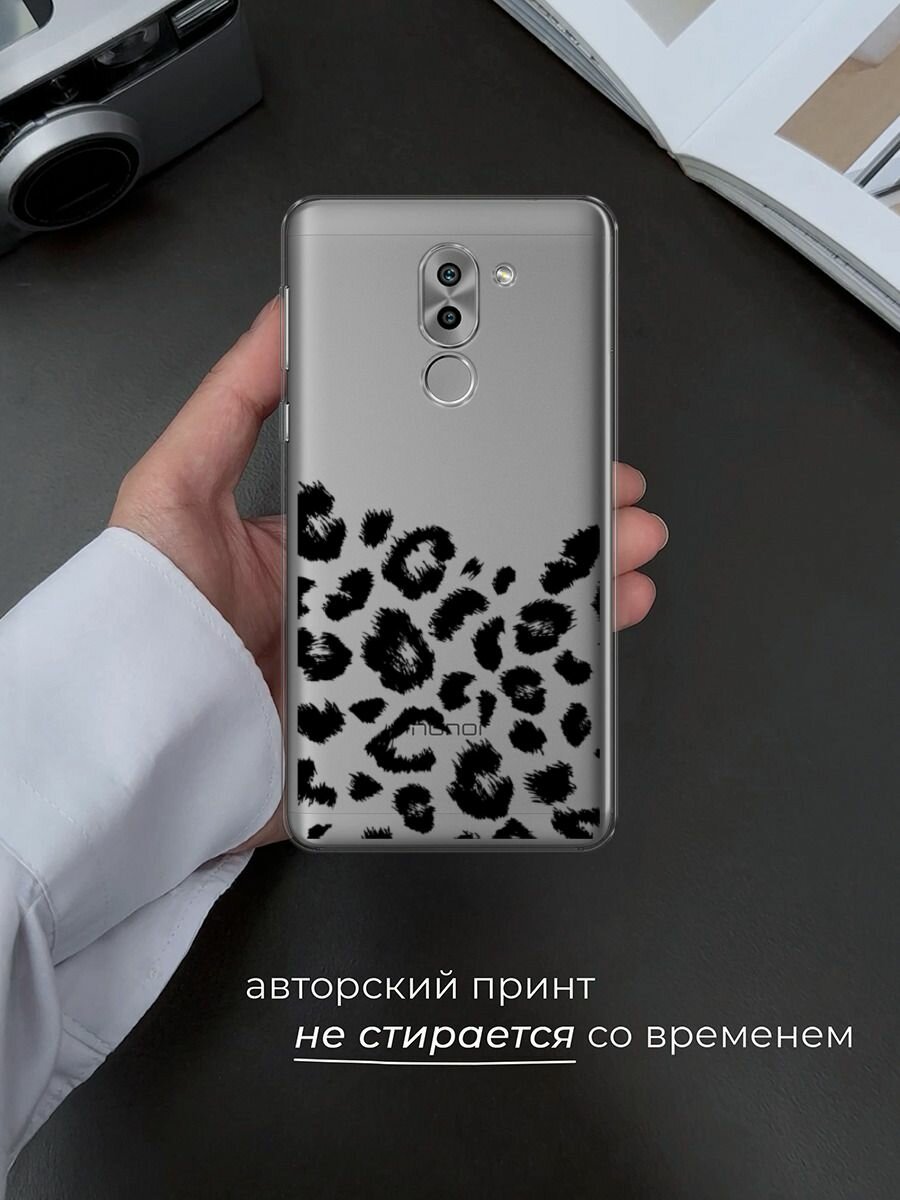 Чехол на Honor 6X / Хонор 6Х с принтом "Окрас леопарда фон черный", прозрачный — фото 1