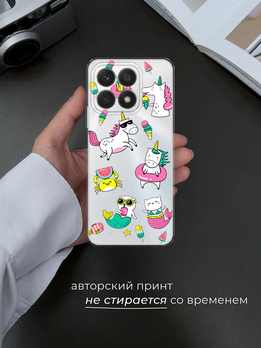 Чехол на Honor X8A / Хонор X8A с принтом "Единороги в отпуске", прозрачный — фото 1